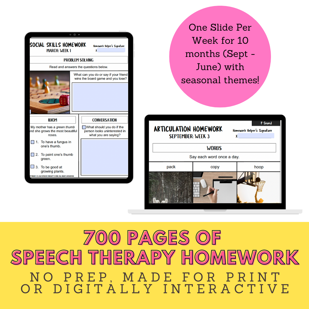 10 Month Speech Therapy Homework Bundle: Articulation, Language, and S ...
